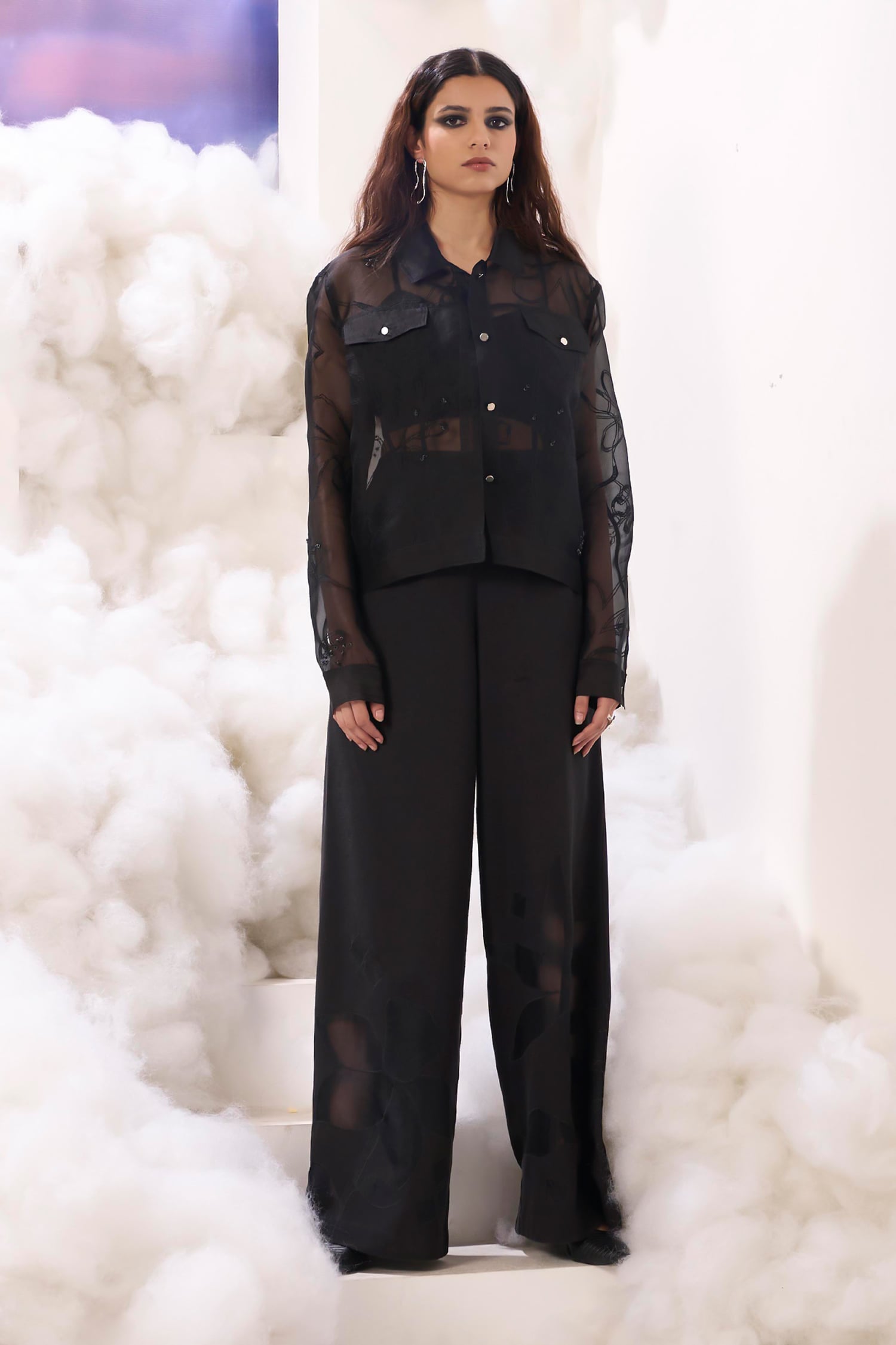 Buy Black Organza Embellished Shaben Floral Embroidered Cropped Jacket ...