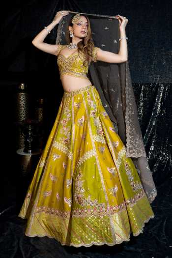 Buy Green Blouse And Lehenga Raw Silk Embroidery Persian Garden Zari ...