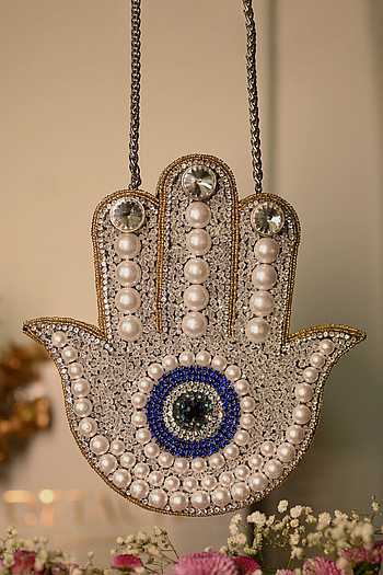 Buy White Stones Hamsa Hand Crystal Embellished Sling Bag by Detach ...