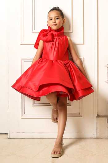 Buy Red Matt Poly Stain Solid Layered Dress For Girls by PNK Isha Arora ...