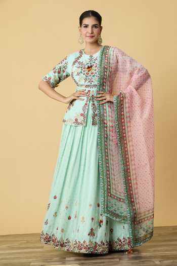 Buy Green Slub Silk Embroidered Kashmiri Botanic Sequined Lehenga Set ...
