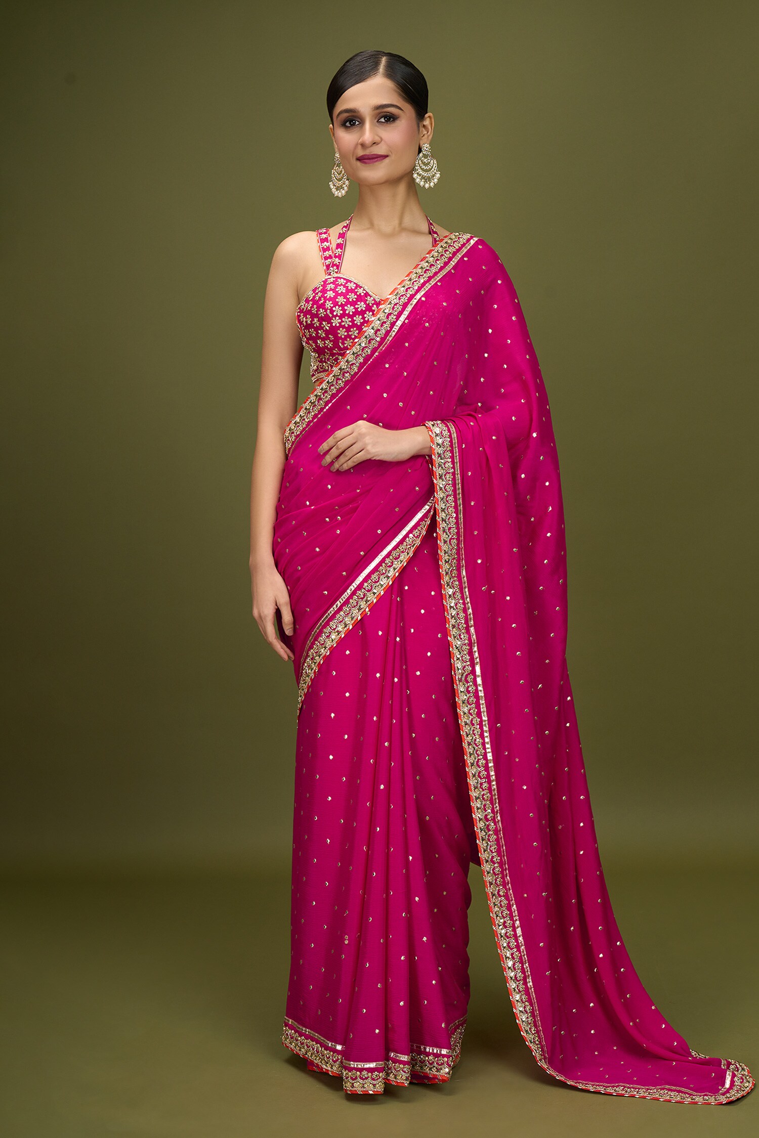Buy Pink Embroidered Floral Sweetheart Gol Uzvi Saree With Blouse For ...