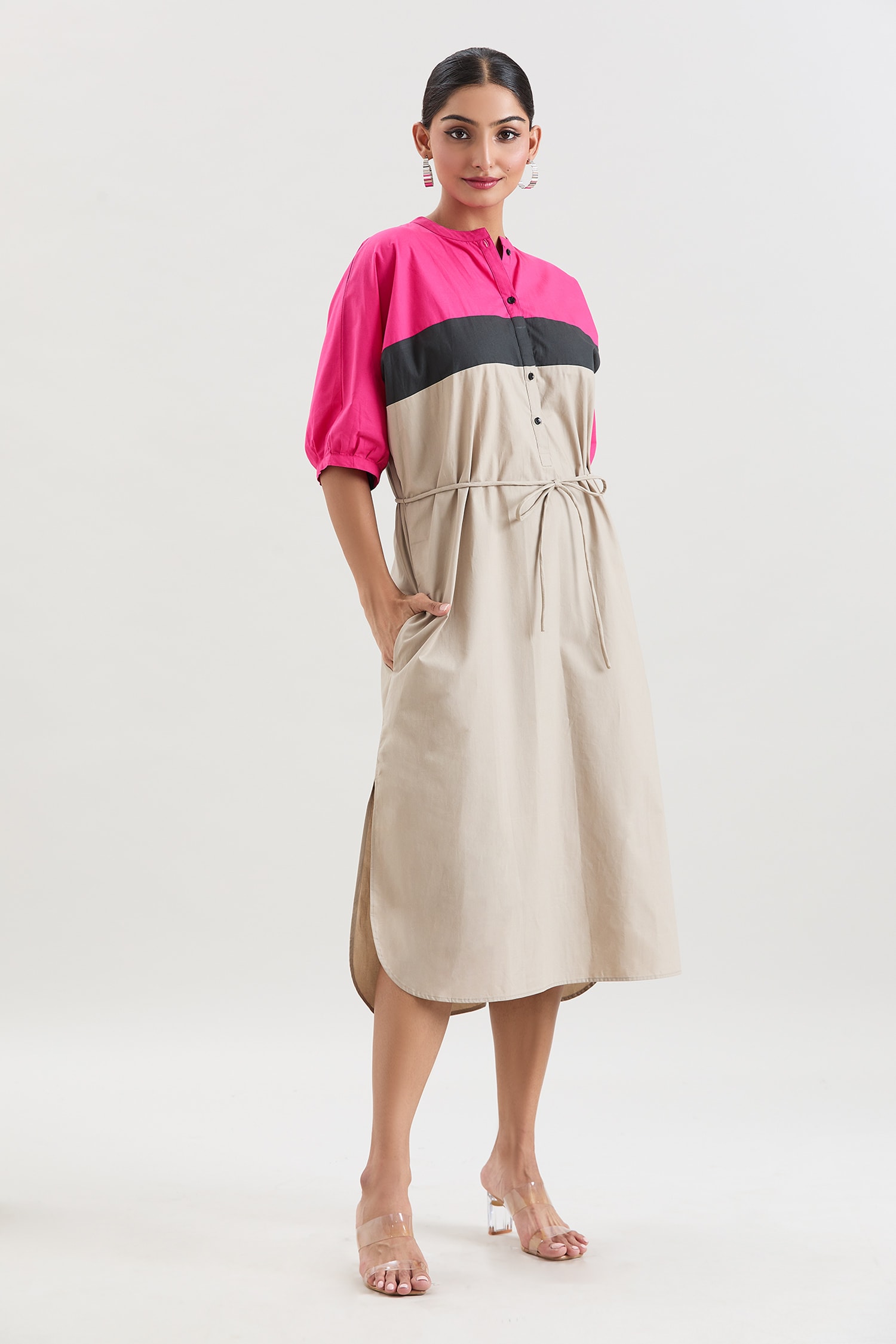 Buy Beige Mercerized Cotton Poplin Mandarin Color Blocked Midi Dress ...