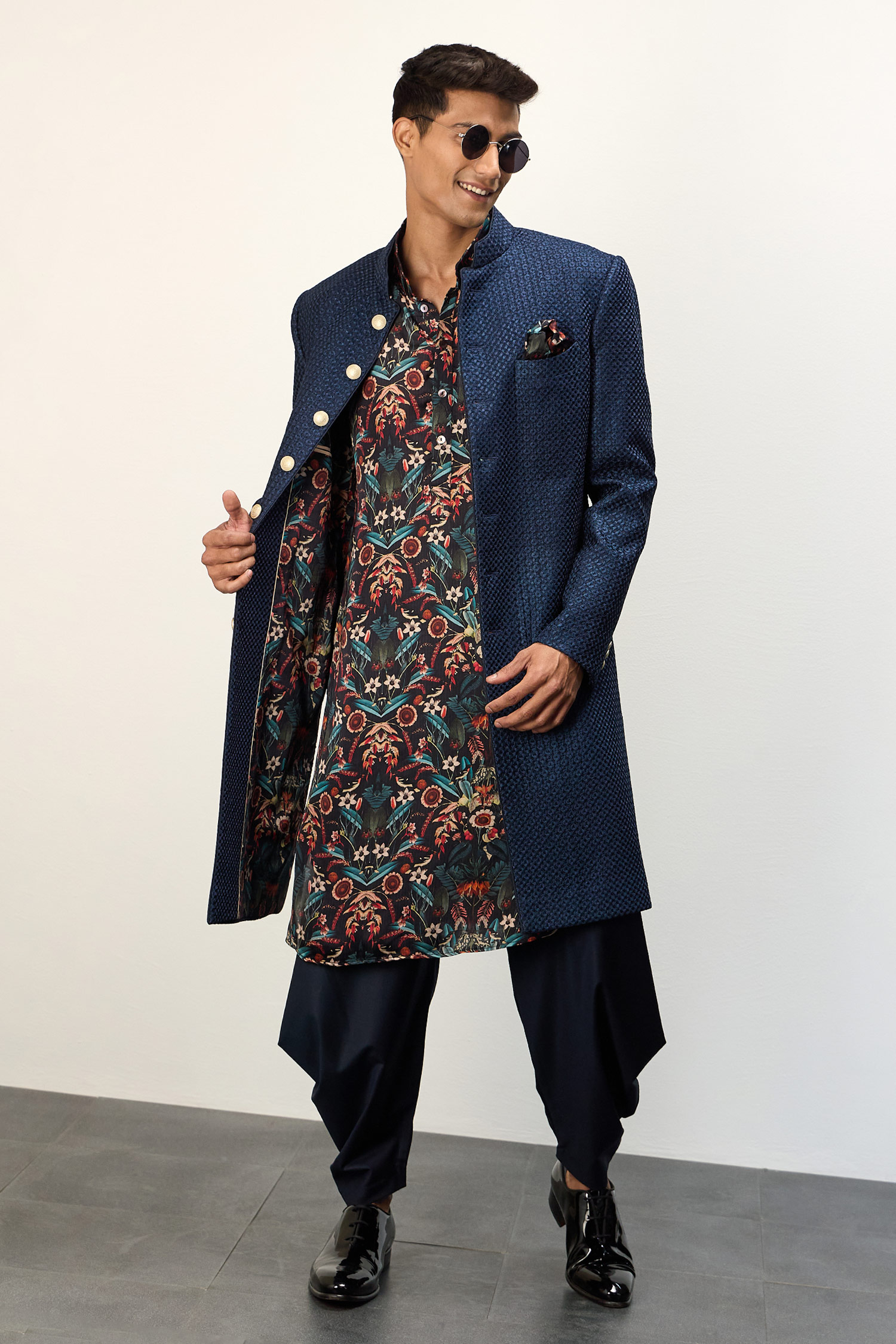 Buy Blue Chander Silk Embroidered Tropical Dori Achkan With Draped Pant ...