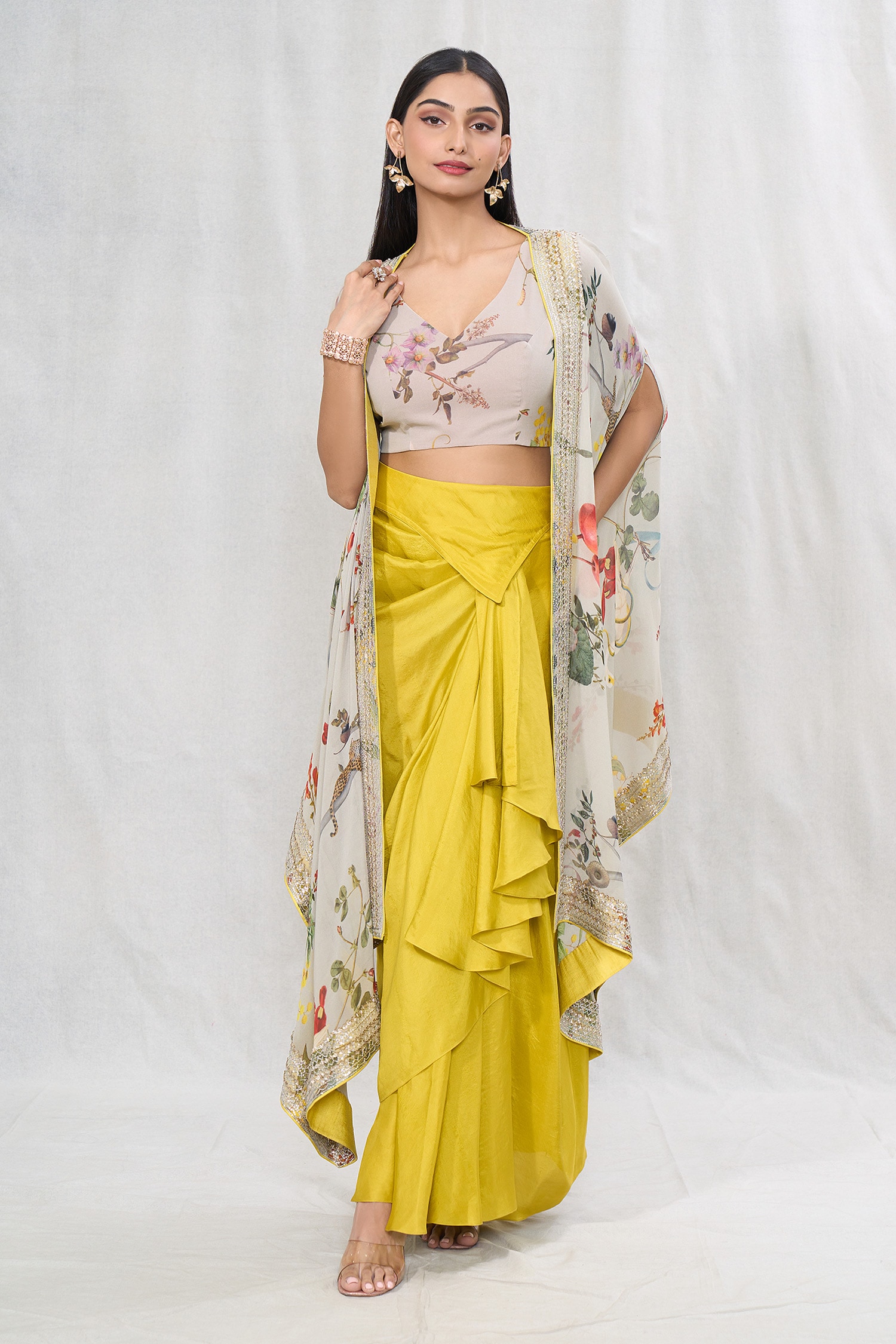 Buy Green Georgette Printed Floral Blouse V Neck Cape And Draped Skirt ...