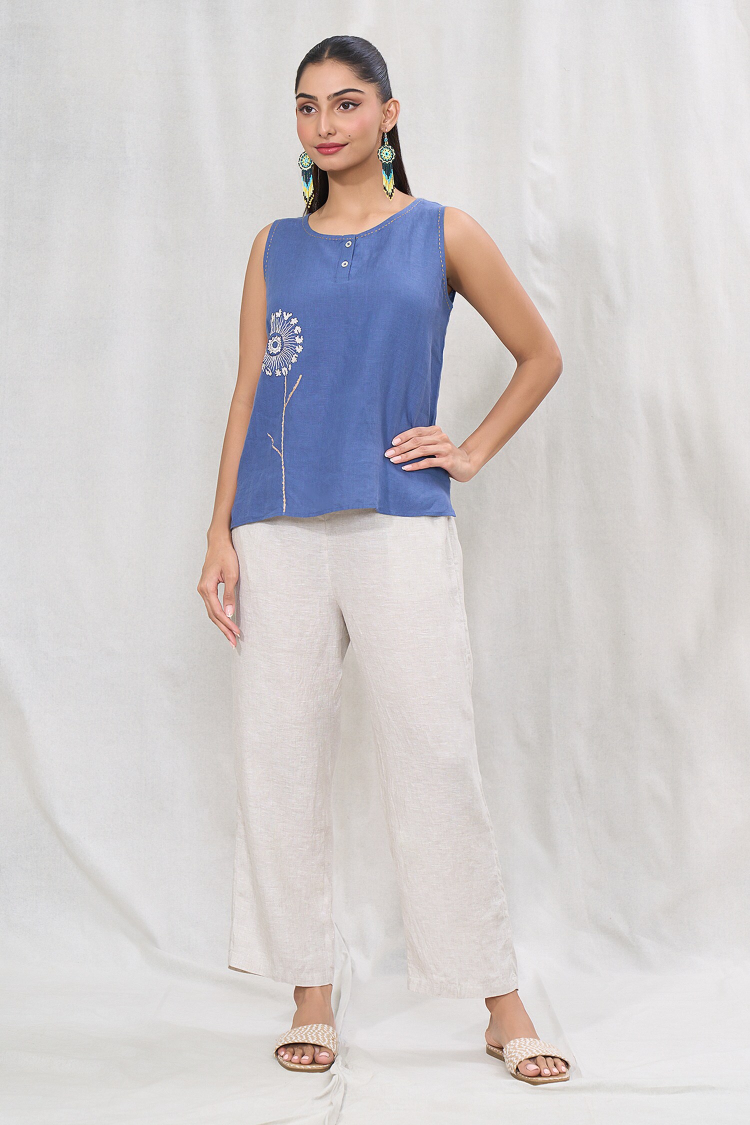 Buy Blue Linen Embroidered Floral Round Placed Top For Women by Linen ...