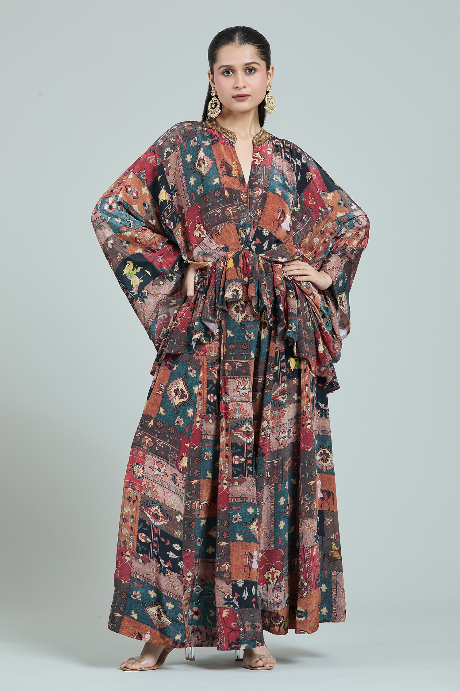 Buy Multi Color Crepe Printed Mughal Painting Band Art Kaftan And Skirt ...