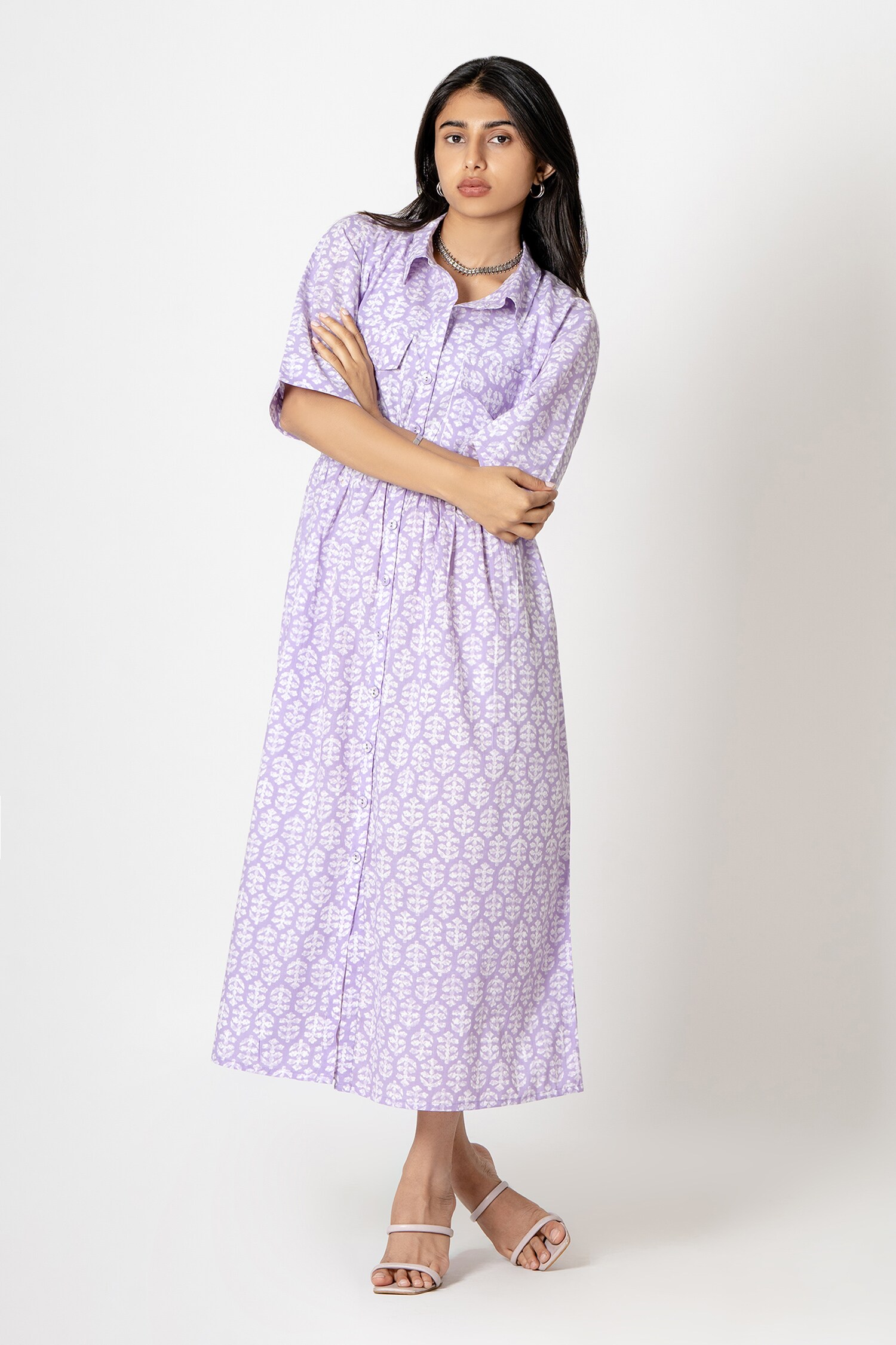 Buy Purple Cotton Print Bush Collar Neck Motif Shirt Dress For Women by ...