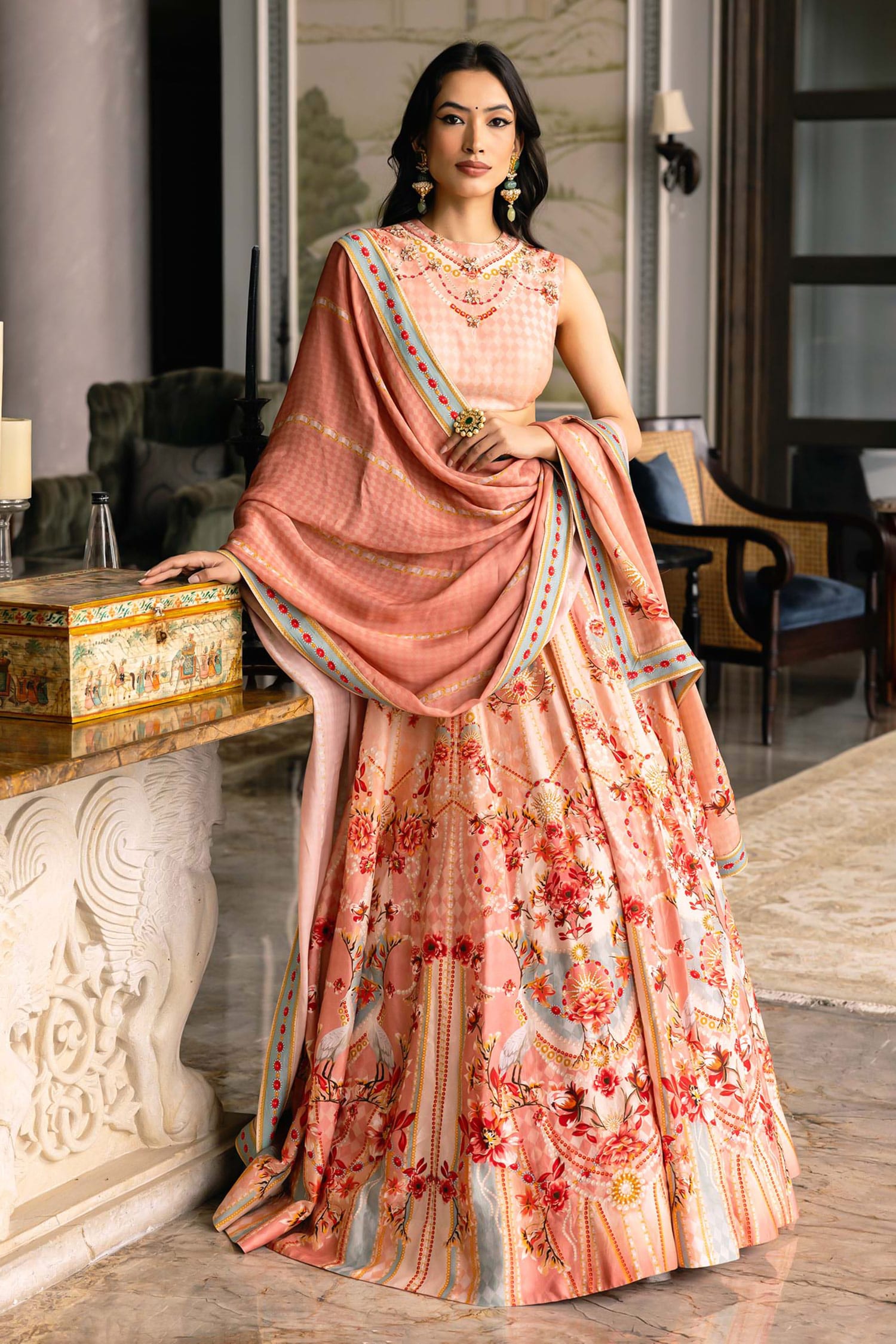 Buy Peach Dupion Silk Print Regal Floral Round Flower Vine Lehenga Set ...