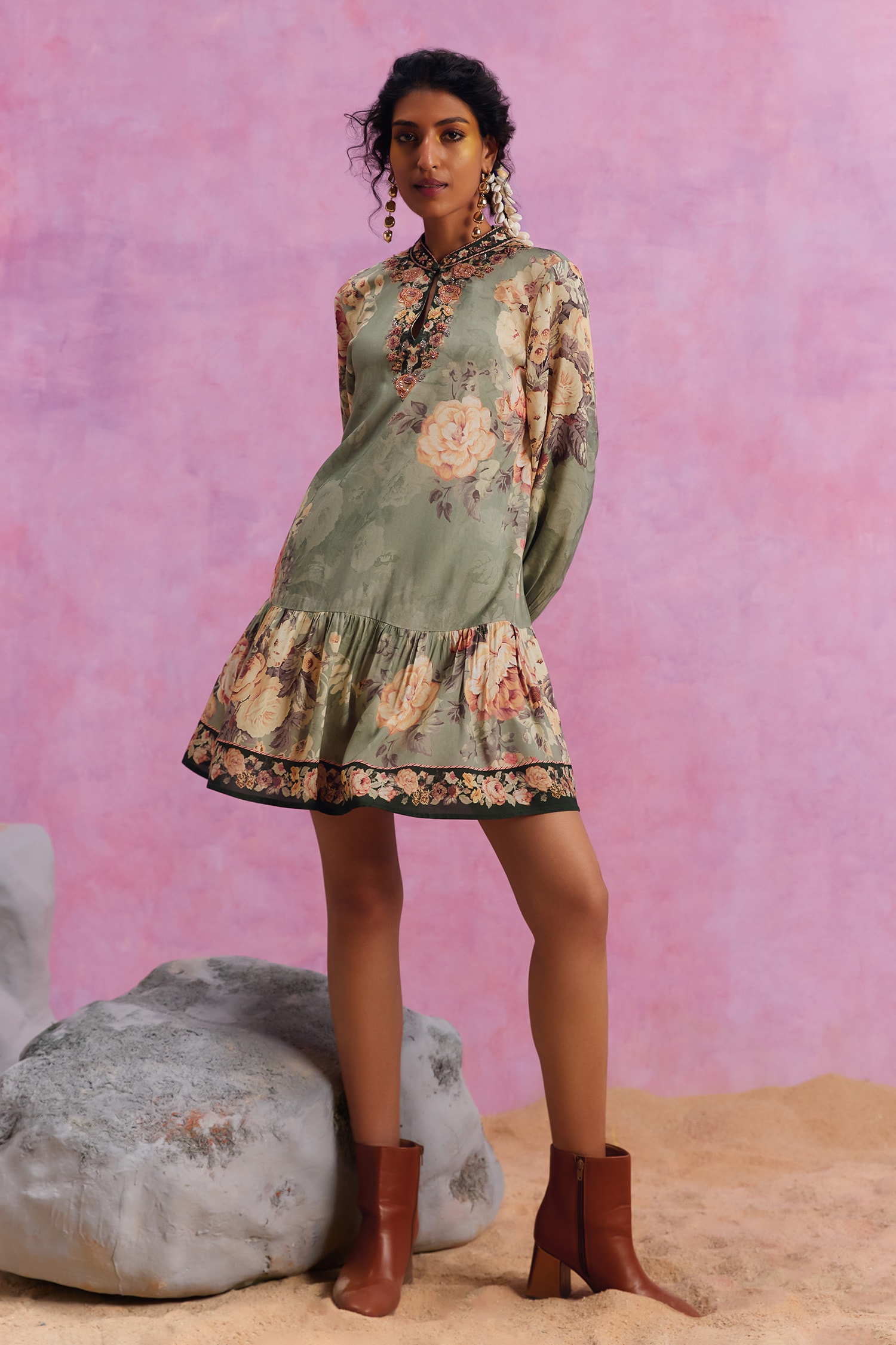 Buy Grey Viscose Modal Embroidered Mandarin Tiffiny Floral Short Dress ...