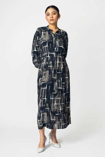 Buy Black Crepe Print Brick Mandarin Collar Rhombus Dress For Women by ...