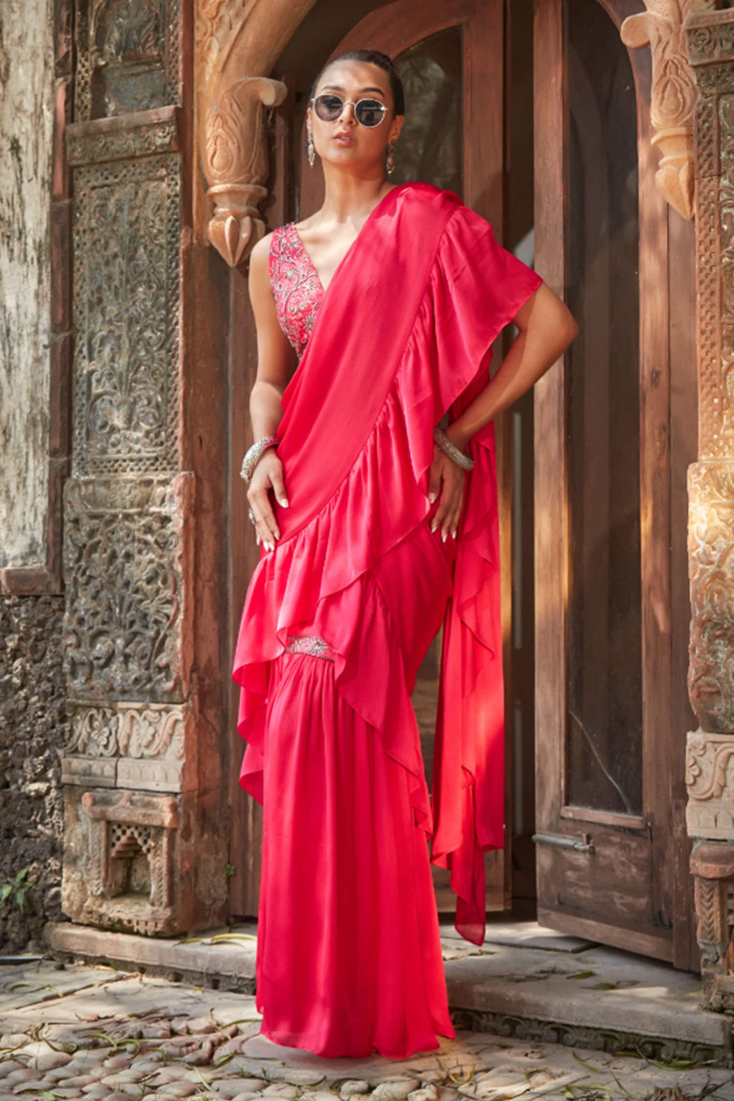Buy Pink Laila Mermaid Pre-draped Ruffle Saree With Embellished Blouse ...