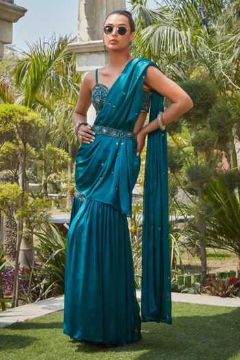 Buy Green Satin Chiffon Fia Sequin Pre-draped Concept Saree Set For ...