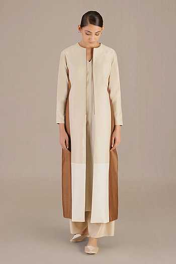 Buy Beige Chanderi Solid Jacket Open Neck With Kurta Set For Women by ...