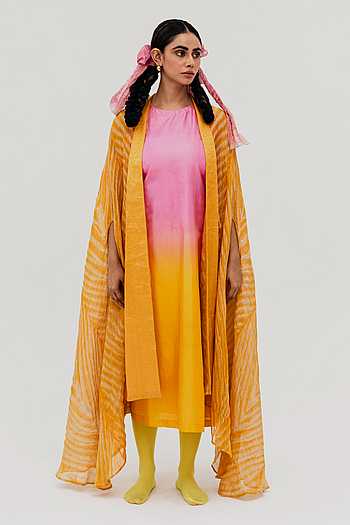 Buy Pink Silk Ombre Round Neck Khari Dress With Asymmetric Arashi Cape ...