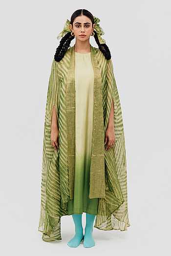Buy Green Silk Ombre Round Khari Shaded Dress With Asymmetric Arashi ...