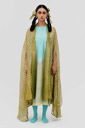Buy Green Silk Ombre Round Khari Shaded Dress With Asymmetric Arashi ...