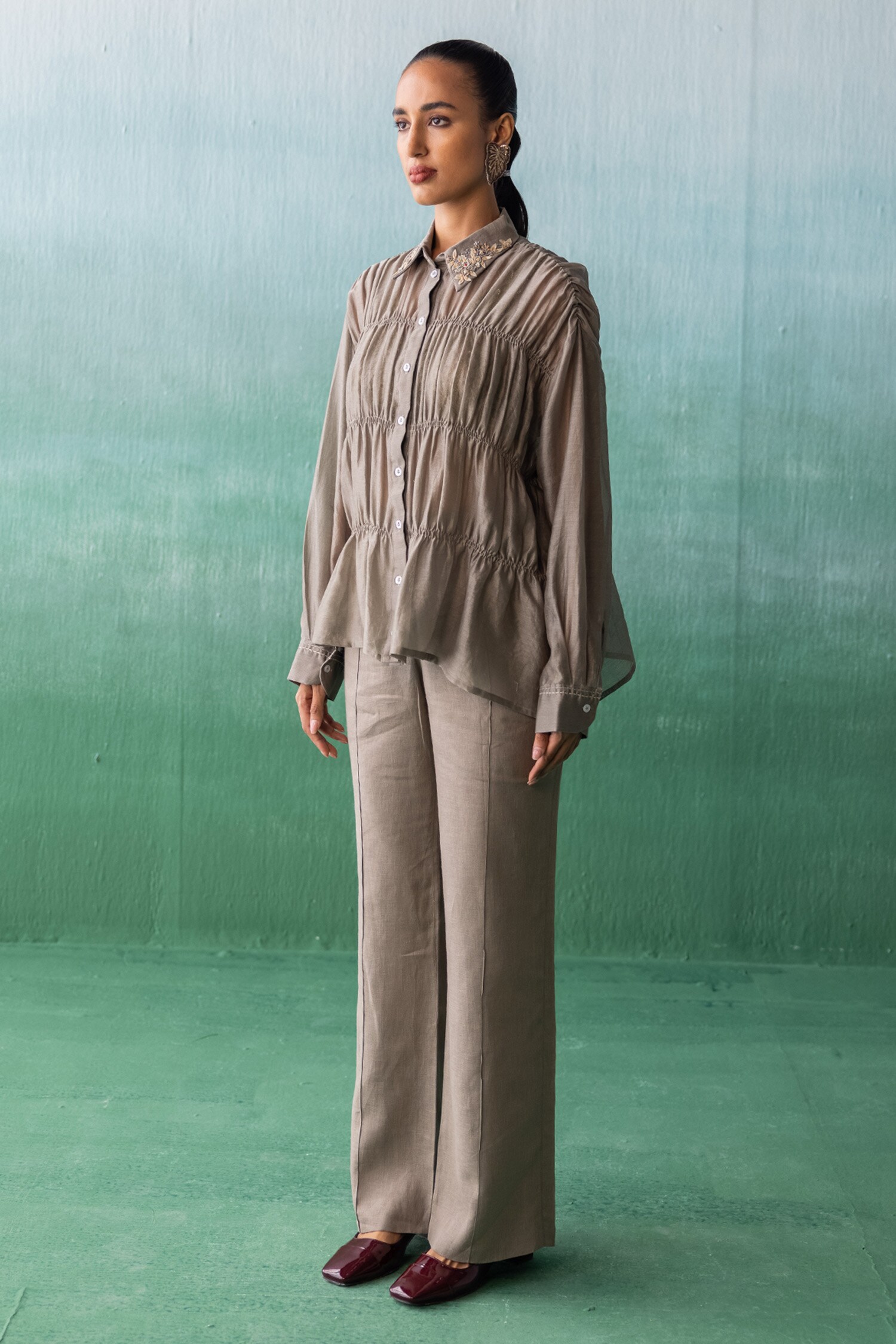 Buy Brown Linen Embroidered Thread Shirt Collar Ruched Tiered With Pant ...