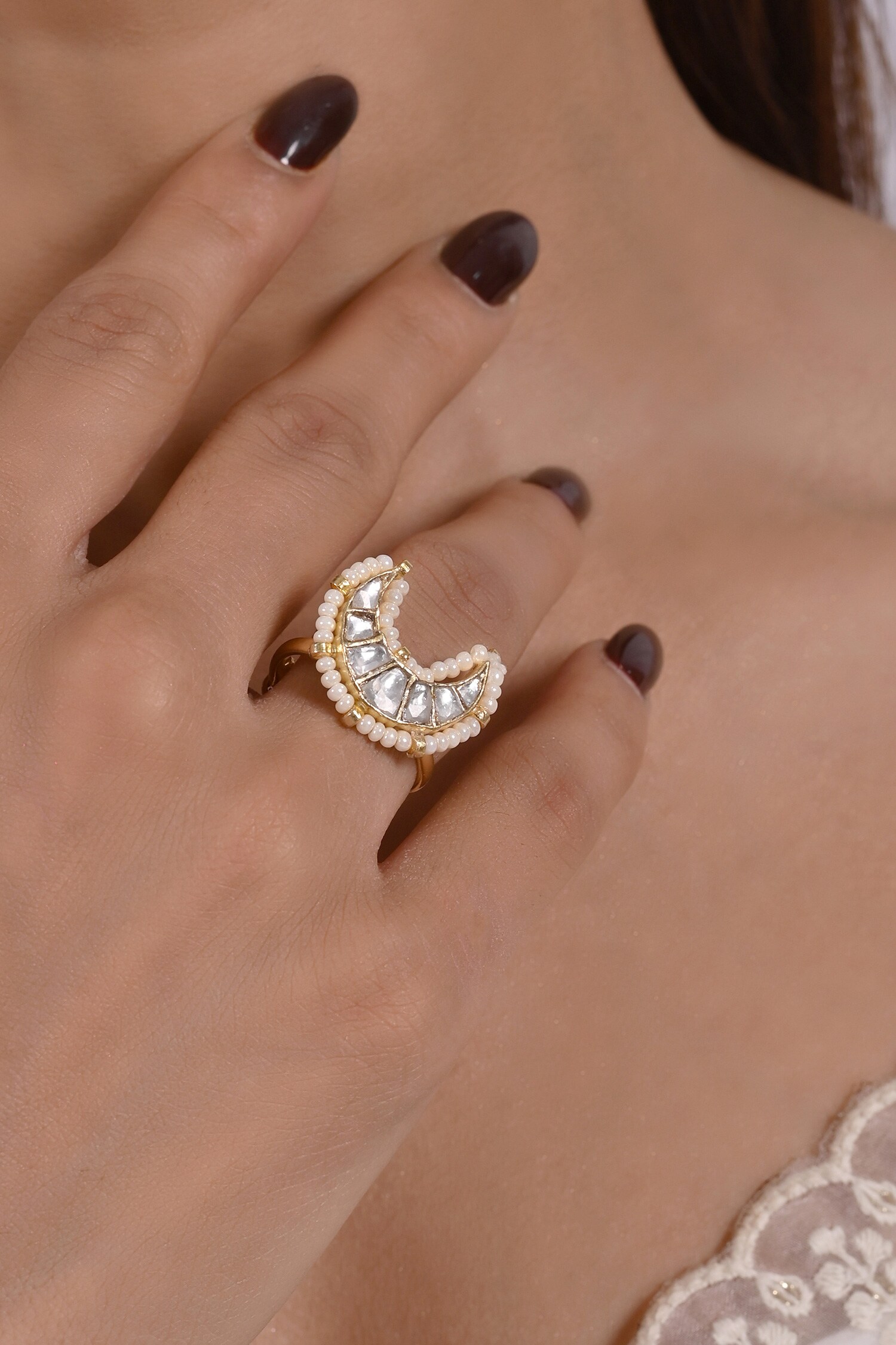 Buy White Kundan Embellished Crescent Moon Motif Ring by SHLOK JEWELS ...