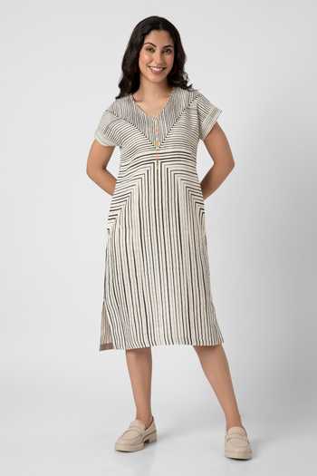 Buy White 100% Linen V Neck Hand Screen Print Midi Dress For Women by ...