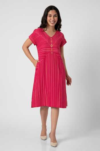 Buy Pink 100% Linen V Neck Hand Screen Print Dress For Women by Kaveri ...
