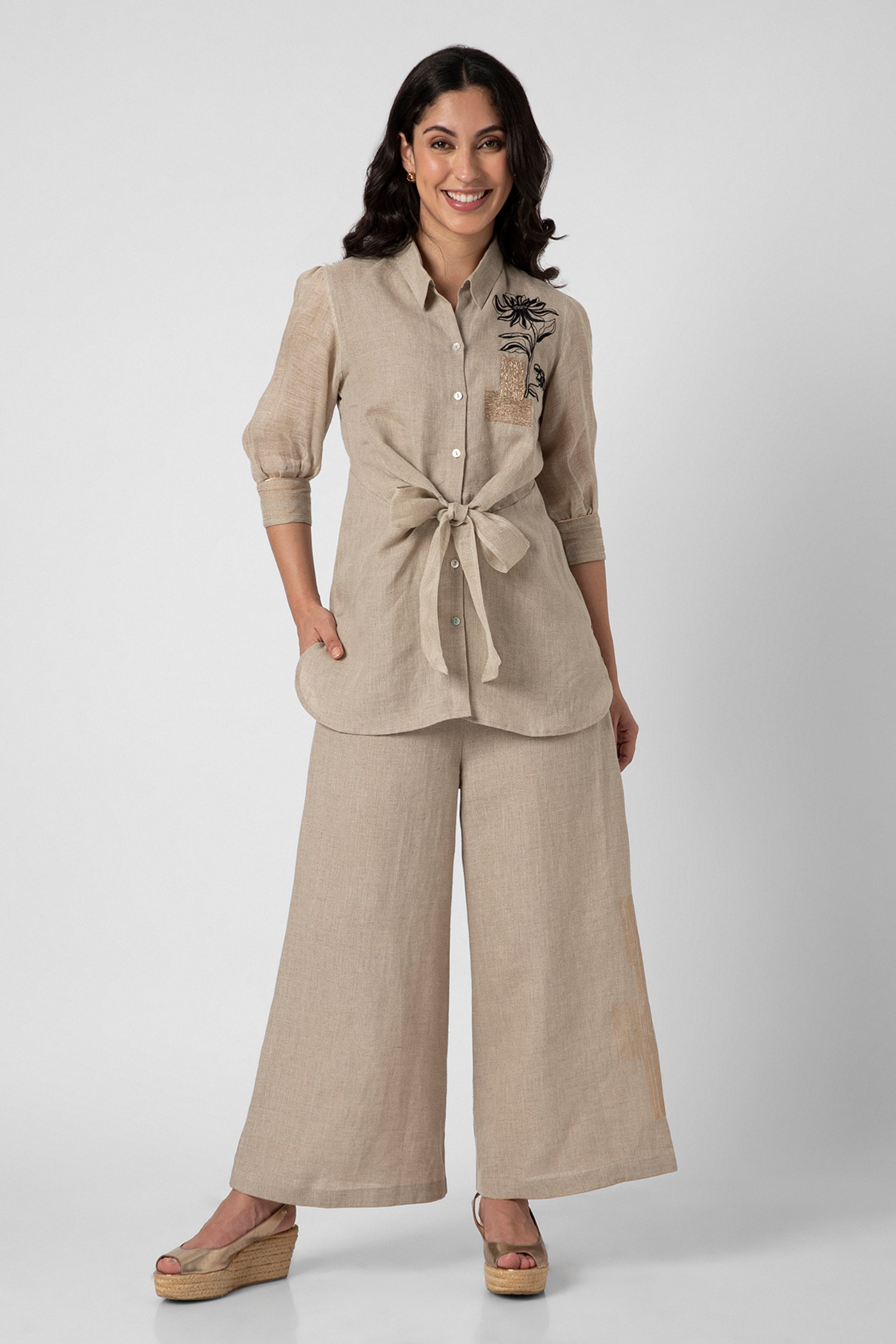 Buy Beige 100% Linen Beaten Metal Floral Thread Top And Pant Set For ...