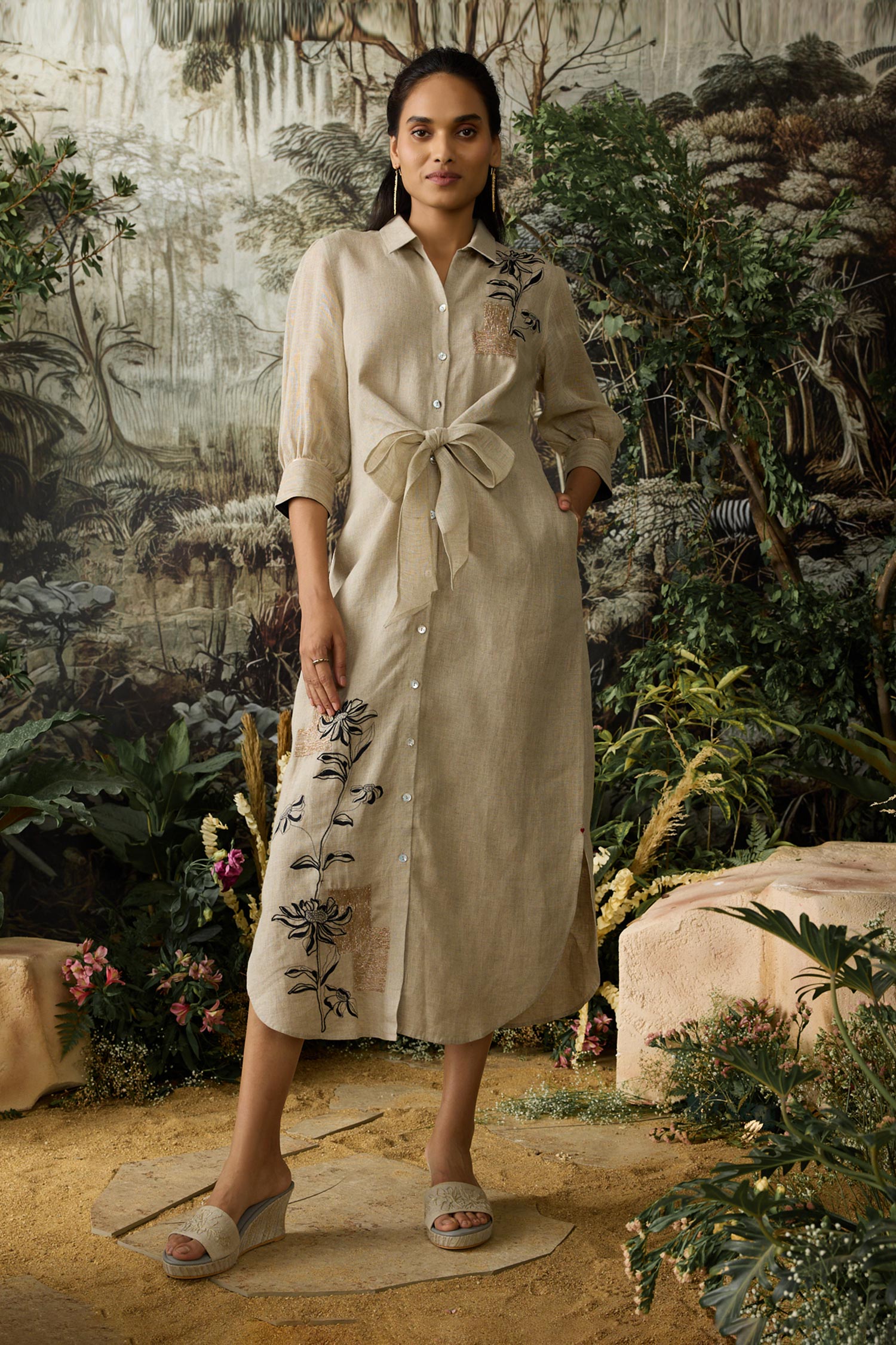 Buy White 100% Linen Embroidered Thread Collared Beaten Metal Midi ...