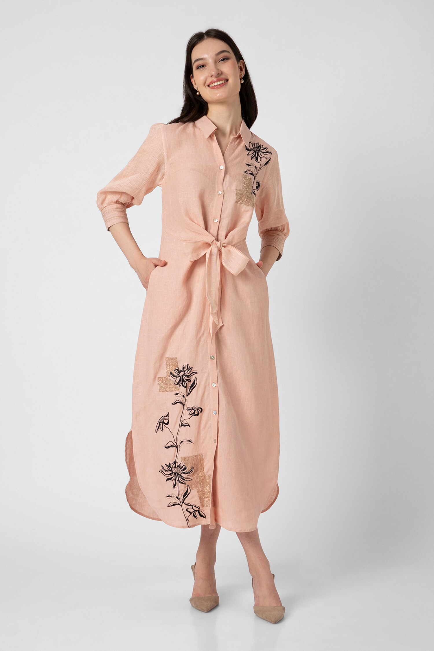 Buy Pink 100% Linen Embroidered Thread Collared Beaten Metal Dress For ...