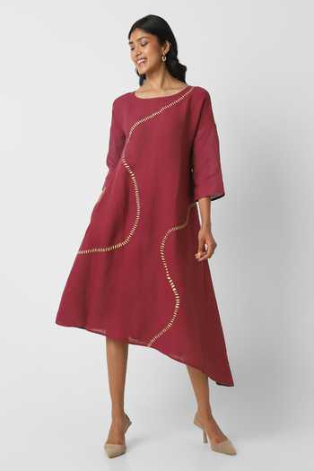Buy Wine 100% Linen Placement Hand Screen Print Forest Wiggle Dress For ...