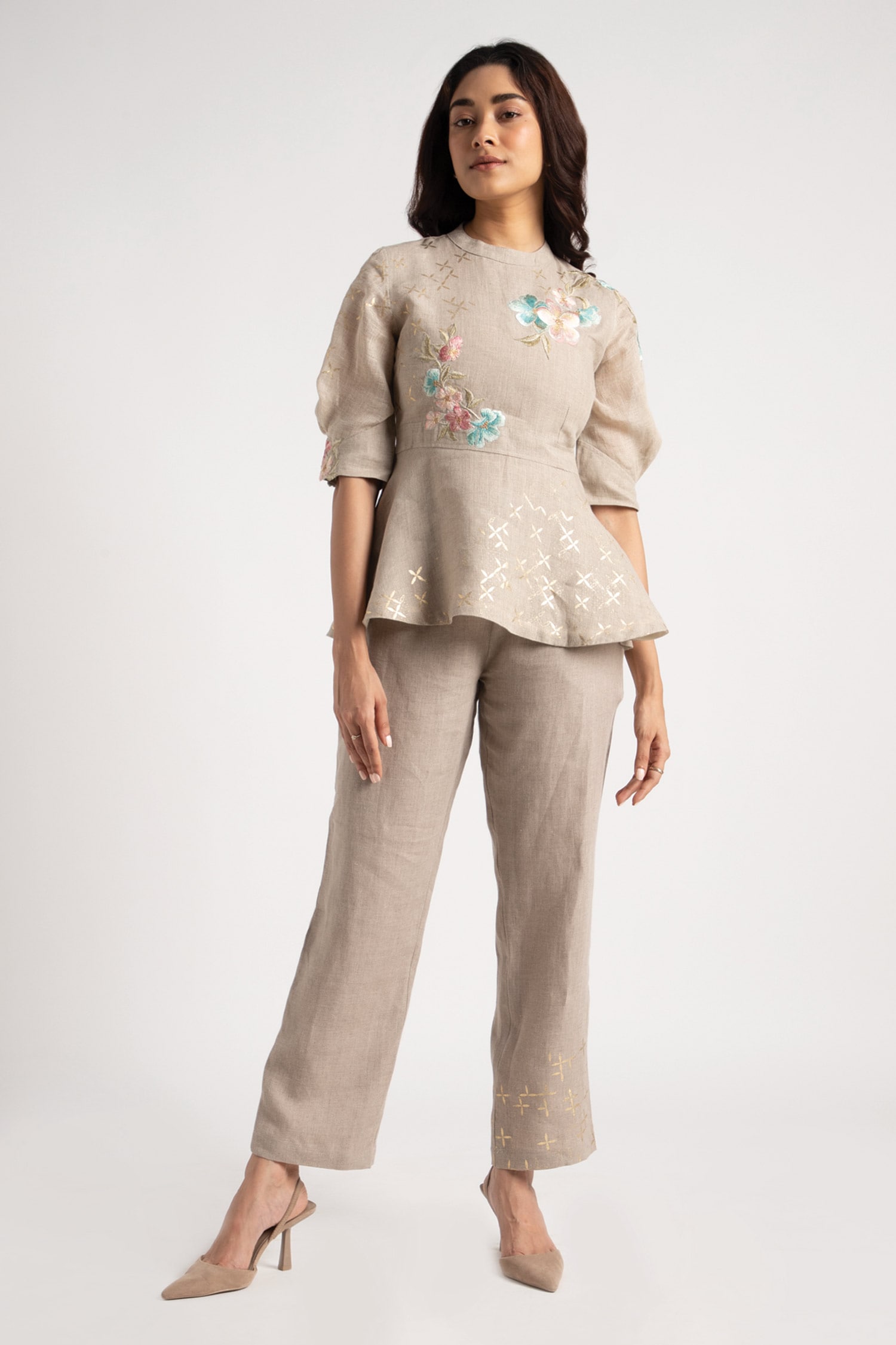 Buy Grey 100% Linen Embroidery Floral High Round Neck Top With Pant For ...