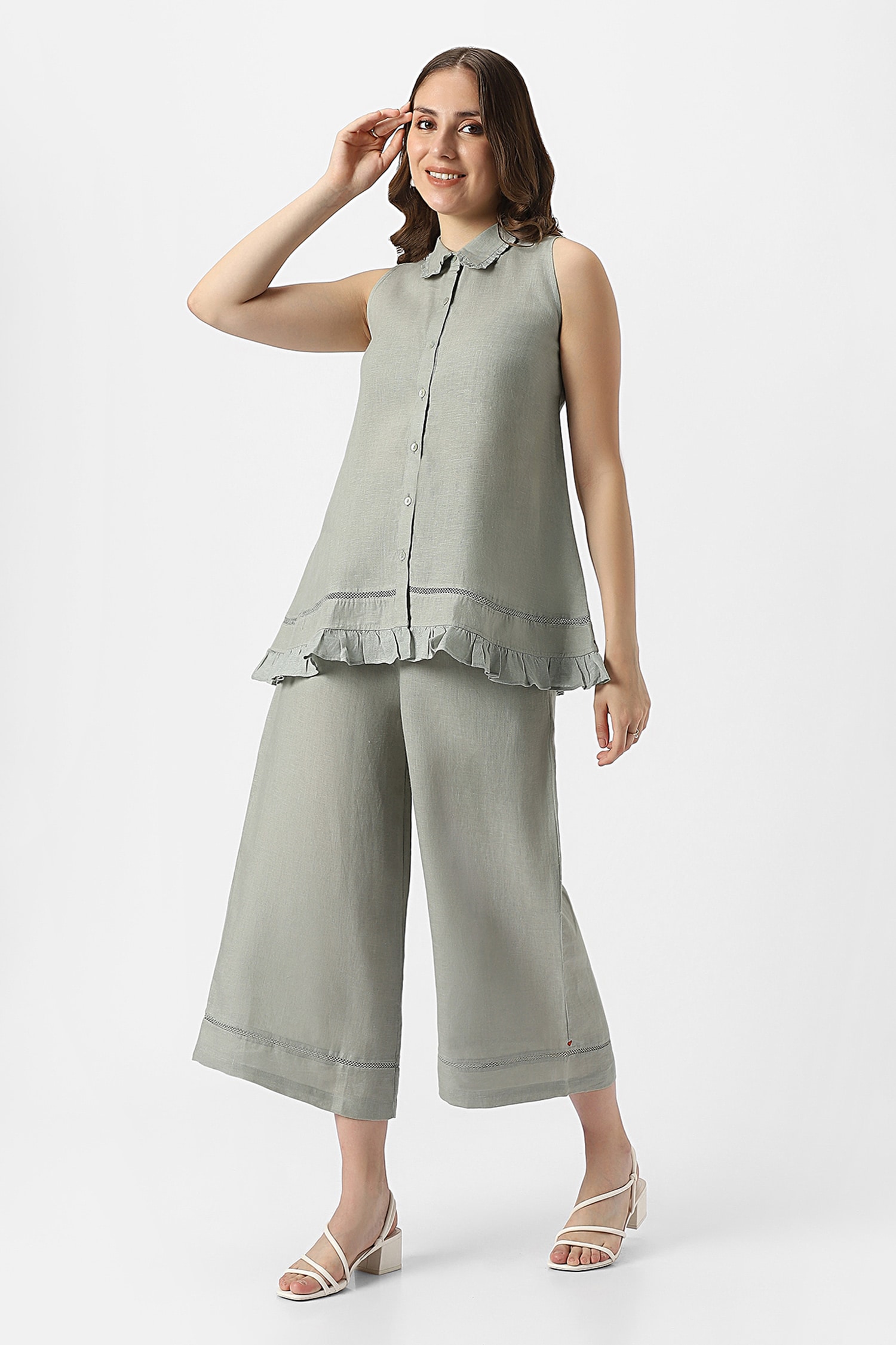 Buy Green 100% Linen Solid Collar Neck Teepee Frilly Top With Flared ...