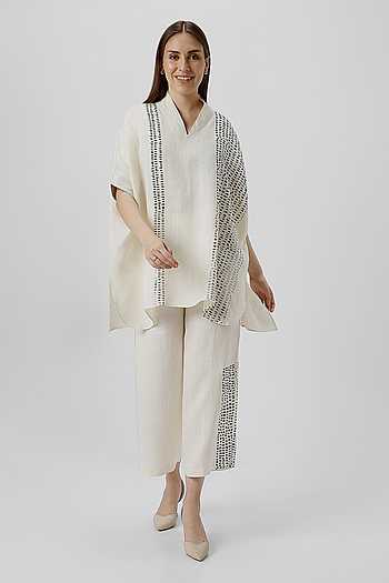 Buy Off White 100% Linen Print Foil V Neck Forest Land Square Boxy Top ...