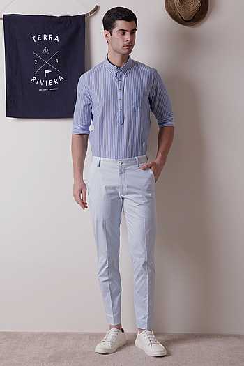 Buy Blue Cotton Solid Isola Piping Detailed Trouser For Men by Lacquer ...