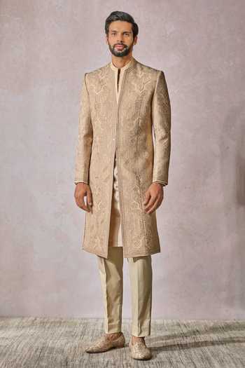 Buy Gold Suiting Embroidery Silk Thread Sherwani Trouser Set For Men by ...