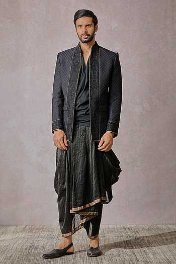 Buy Black Chanderi Jacquard Hand Embroidery Panel Bandhgala Dhoti Pant ...