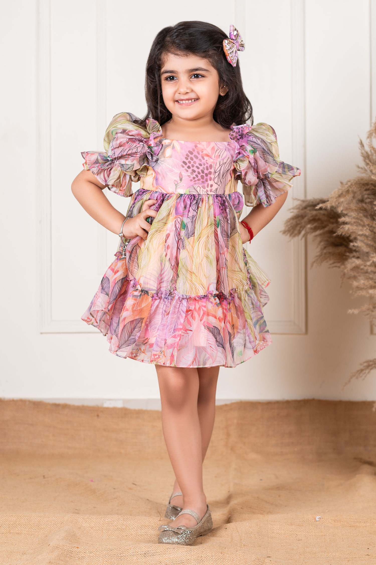 Buy Multi Color Organza Leaf Boho Patter Tiered Frock For Girls by Lil ...