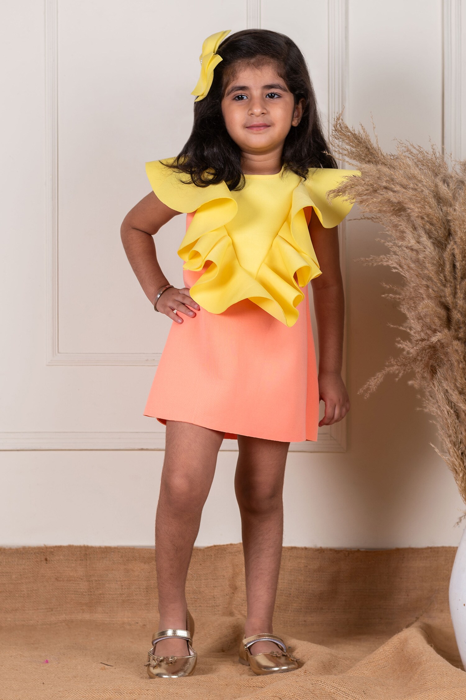 Buy Peach Scuba Ruffle Detailed Straight Short Dress For Girls by Lil Angels Online at Aza Fashions.