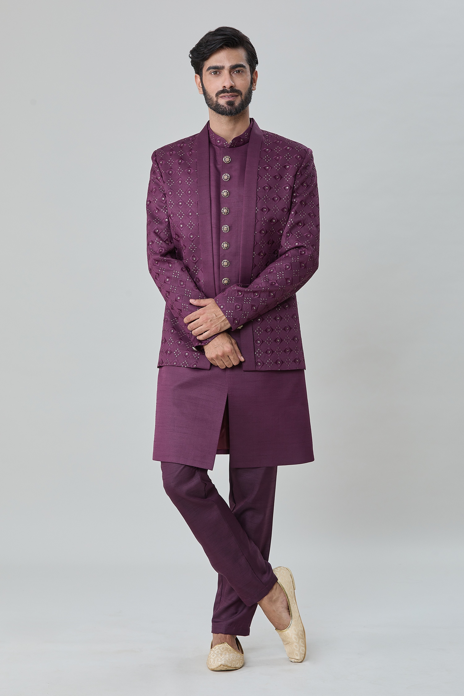 Buy Wine Art Silk Embroidery Geometric Butti Short Sherwani Jacket Pant ...