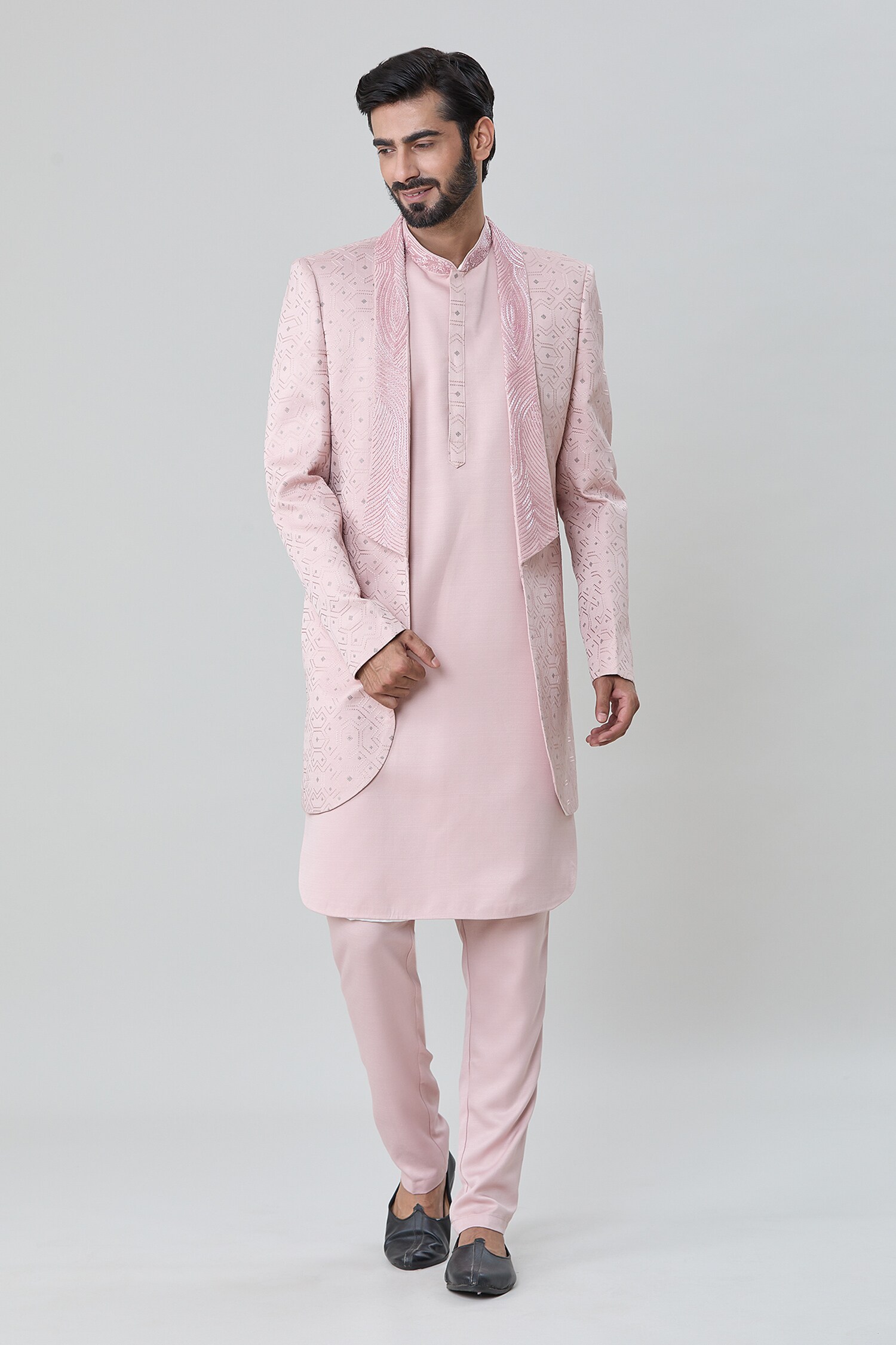 Buy Peach Art Silk Embroidery Geometric Short Sherwani Jacket Pant Set ...