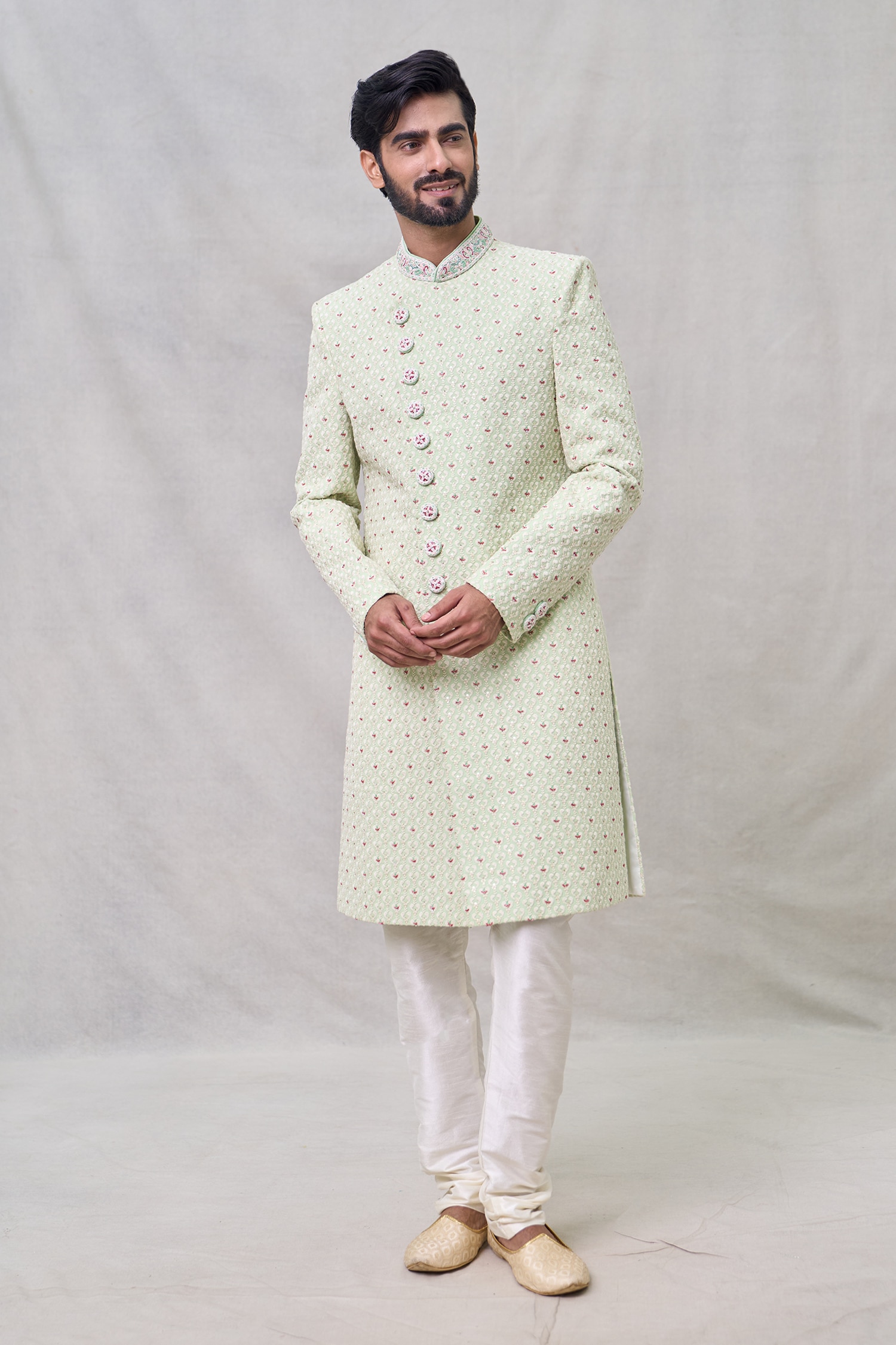 Buy Green Sherwani Georgette Embroidery Cutdana Work Set For Men by ...