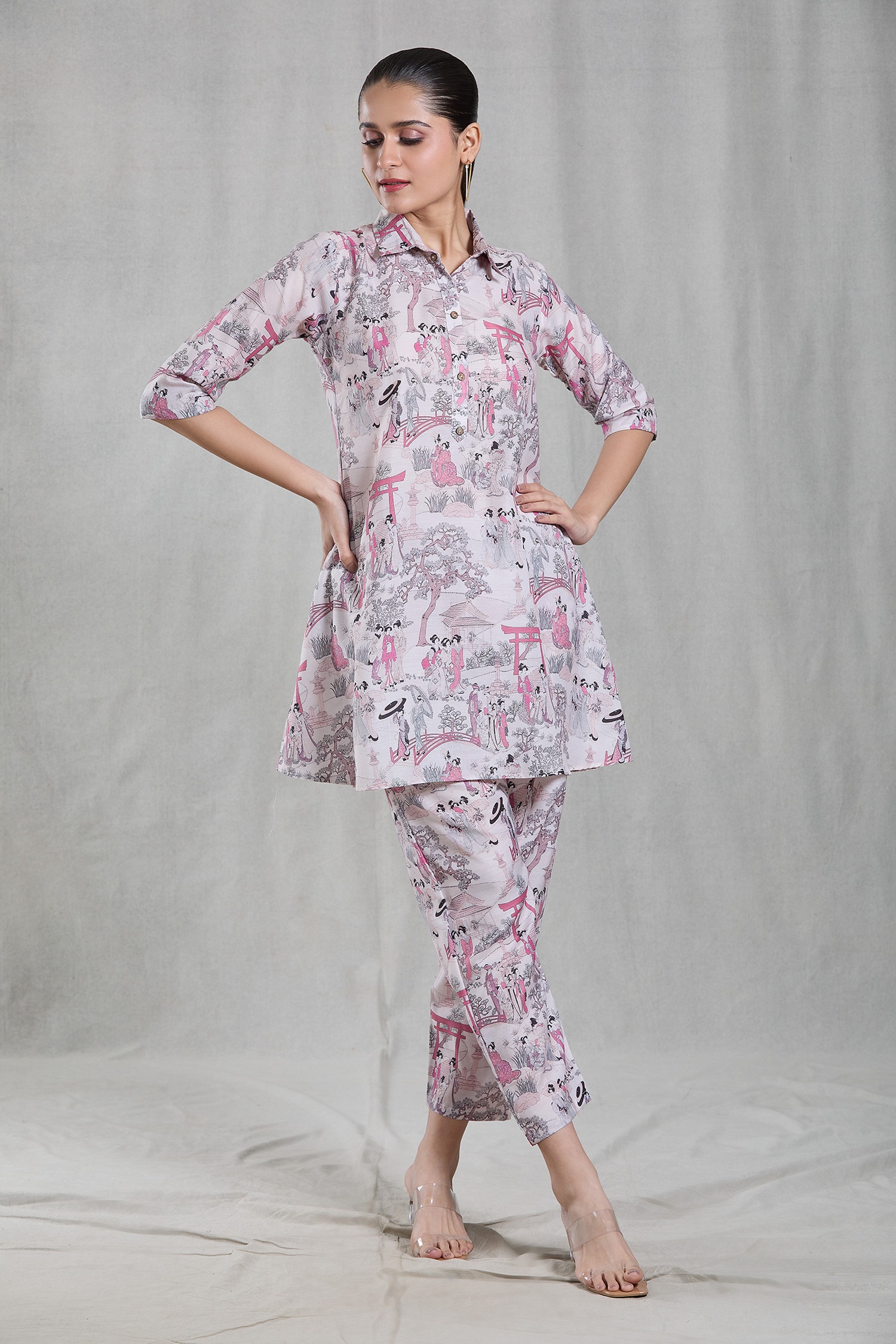 Buy Cream Muslin Cotton Printed Japanese Shirt Collar Tunic With Pant ...