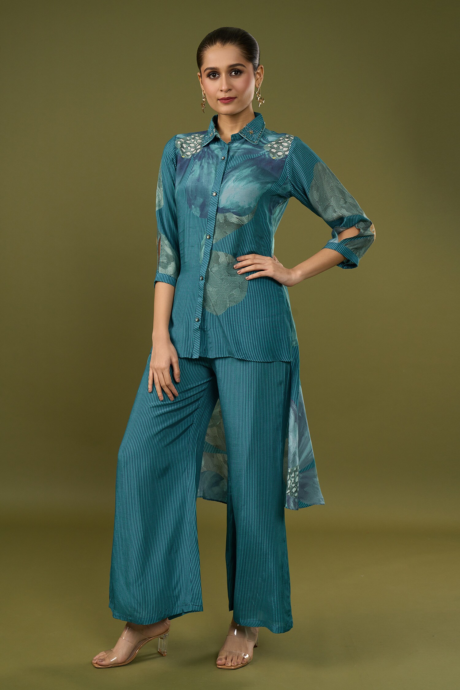 Buy Blue Crepe Silk Stripe Print High-low Tunic Kurta With Pant For ...