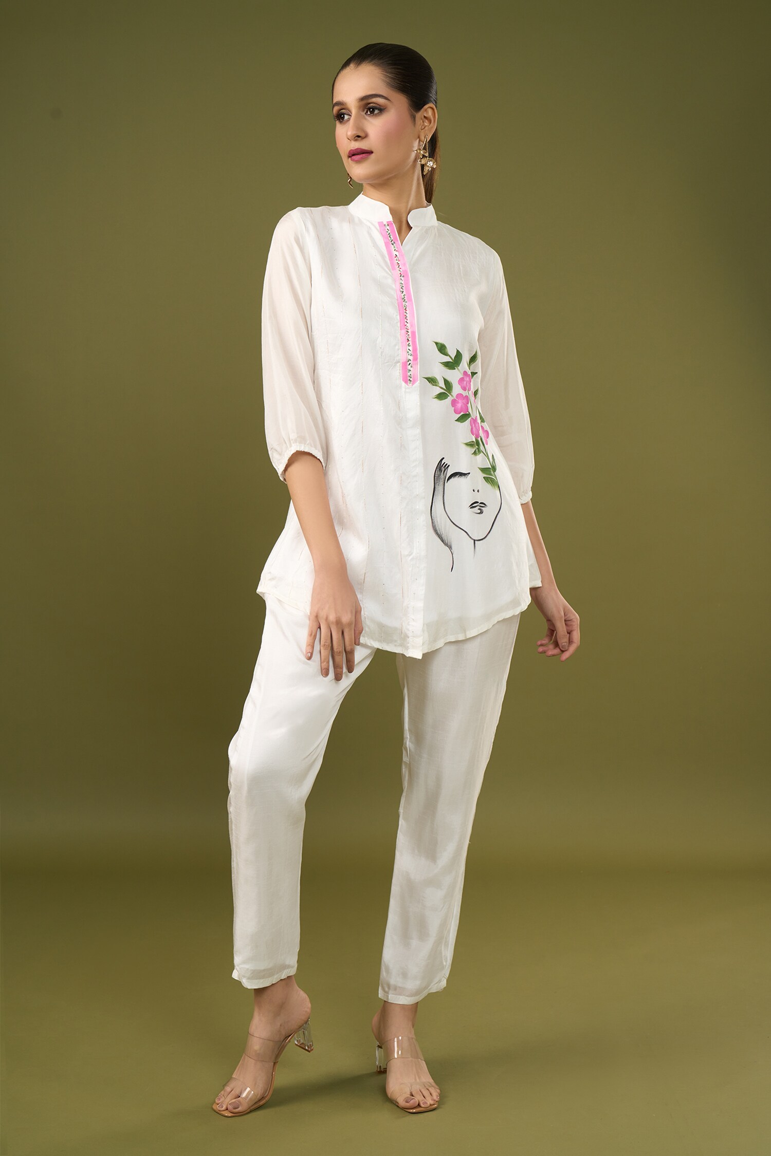Buy Off White Muslin Silk Embellished Floral Placement Tunic With Pant ...