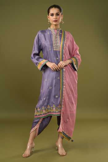 Buy Purple Silk Embellished Floral Bud Mirrorwork Kurta Dhoti Pant Set ...
