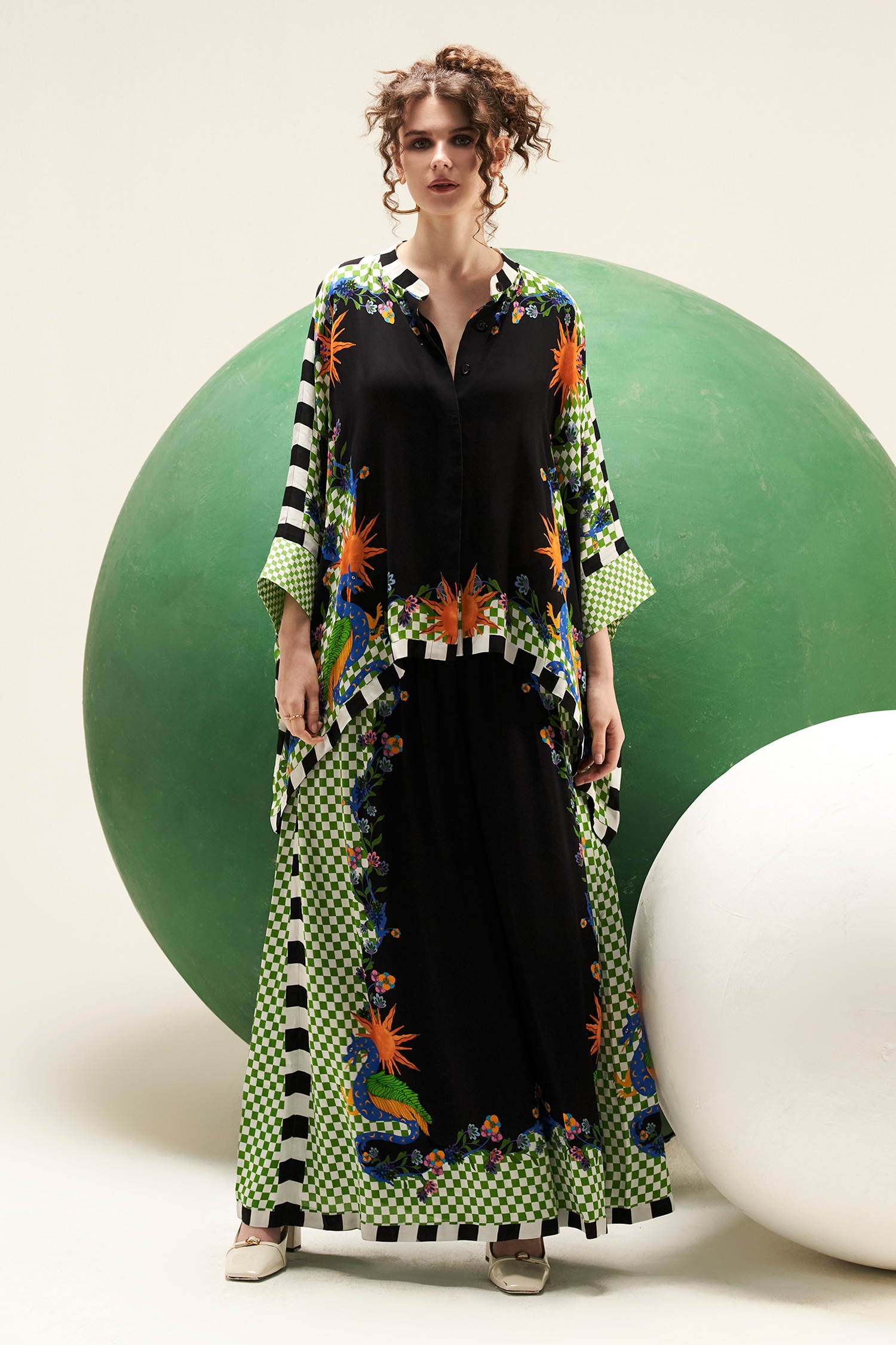 Buy Black Viscose Georgette Printed Animal Checkered Mandarin Cape ...