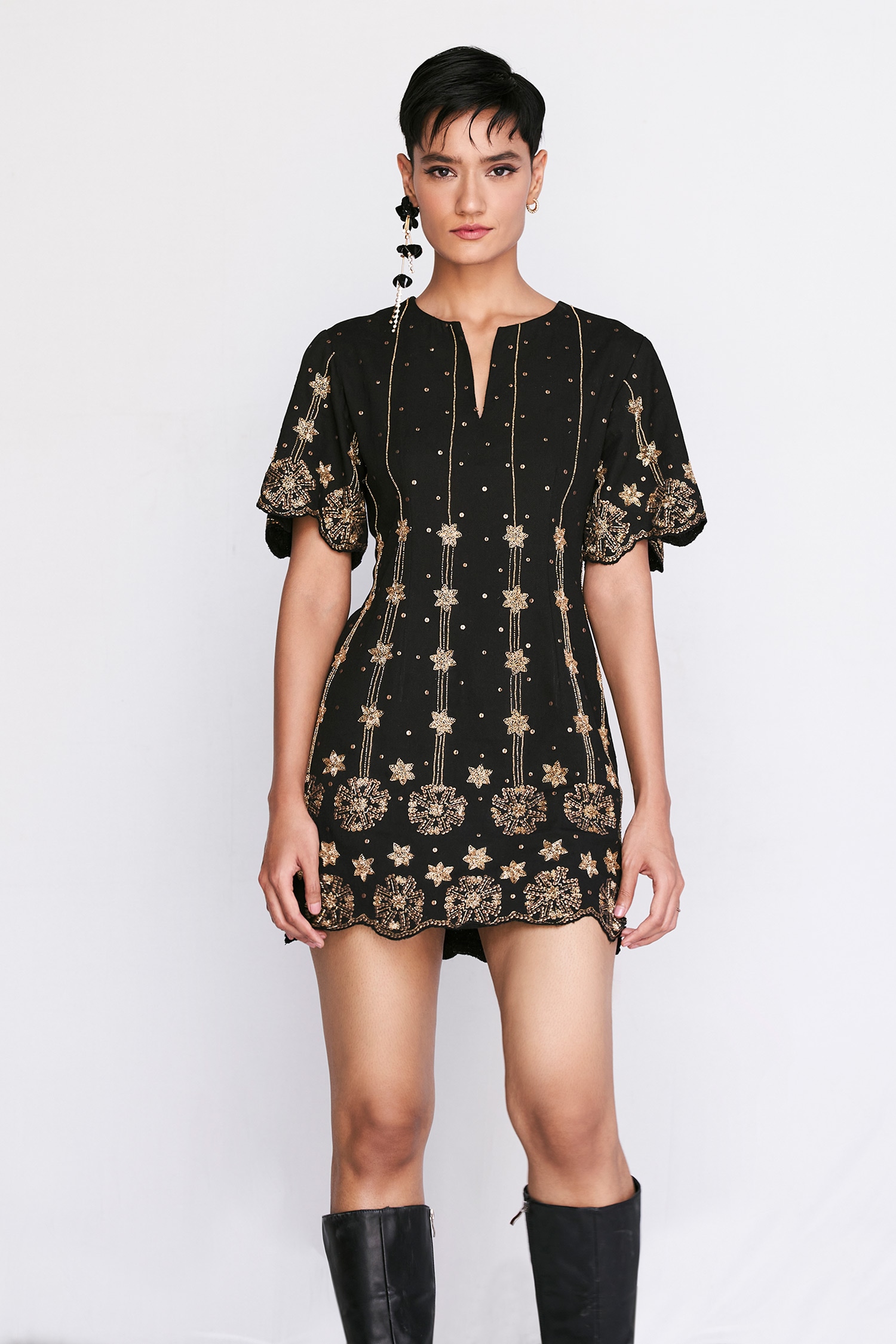 Buy Black Cotton Embroidery Bead Notched Dress For Women by Verb by ...