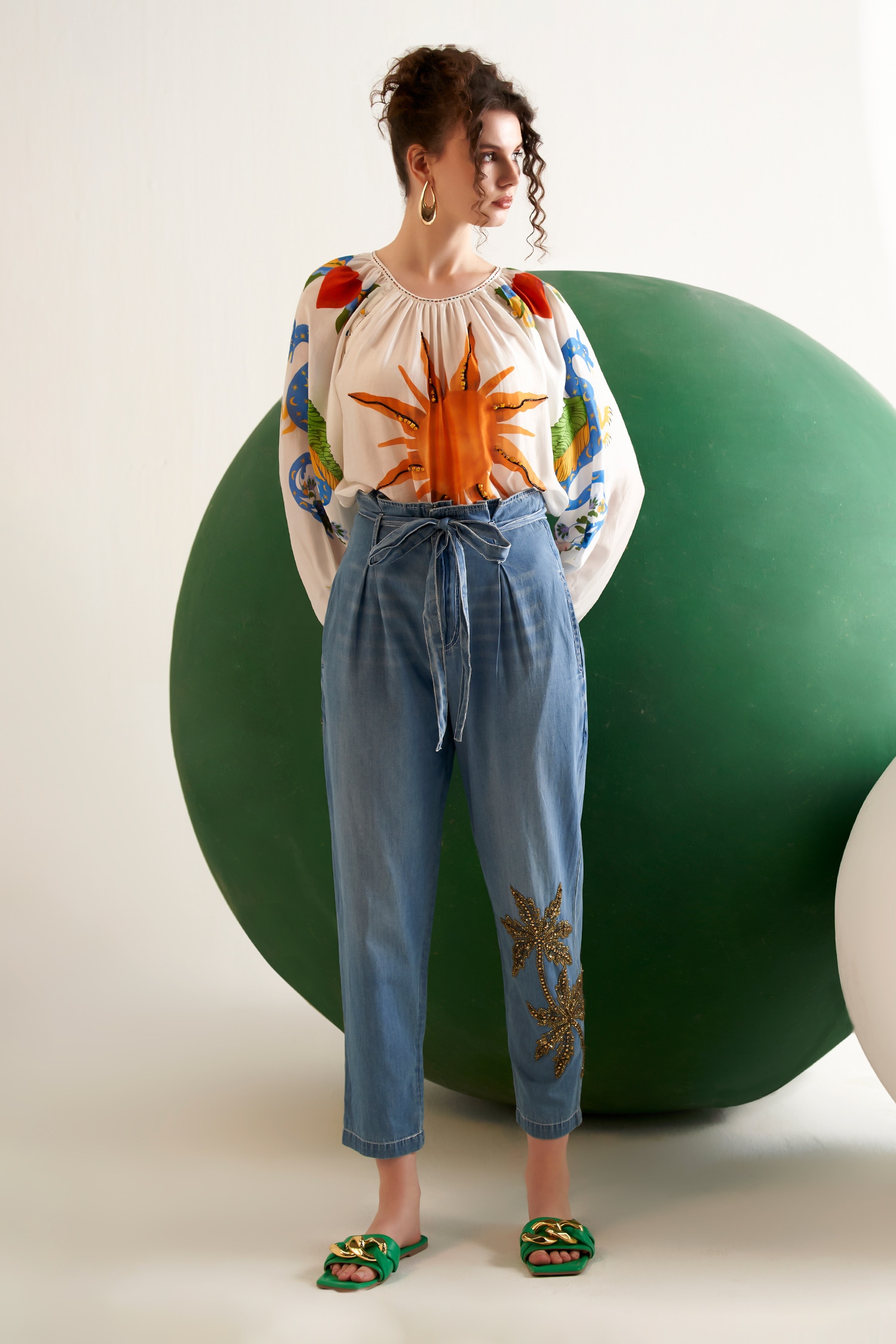 Buy Ivory Cotton Voile Printed Sun Round Neck Top For Women by Verb by ...