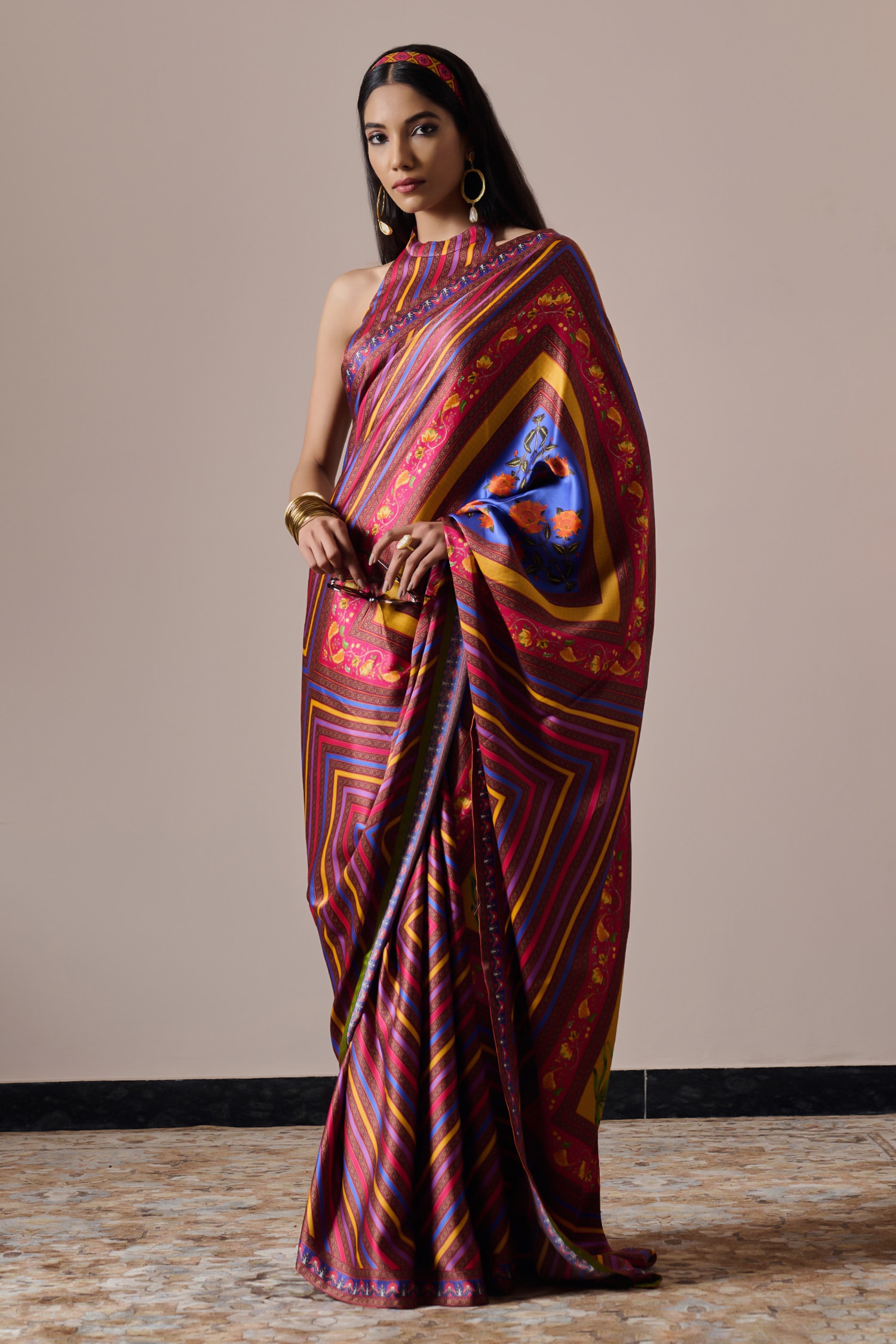 Buy Multi Color Satin Printed Floral Sarayi Geometric Saree For Women ...