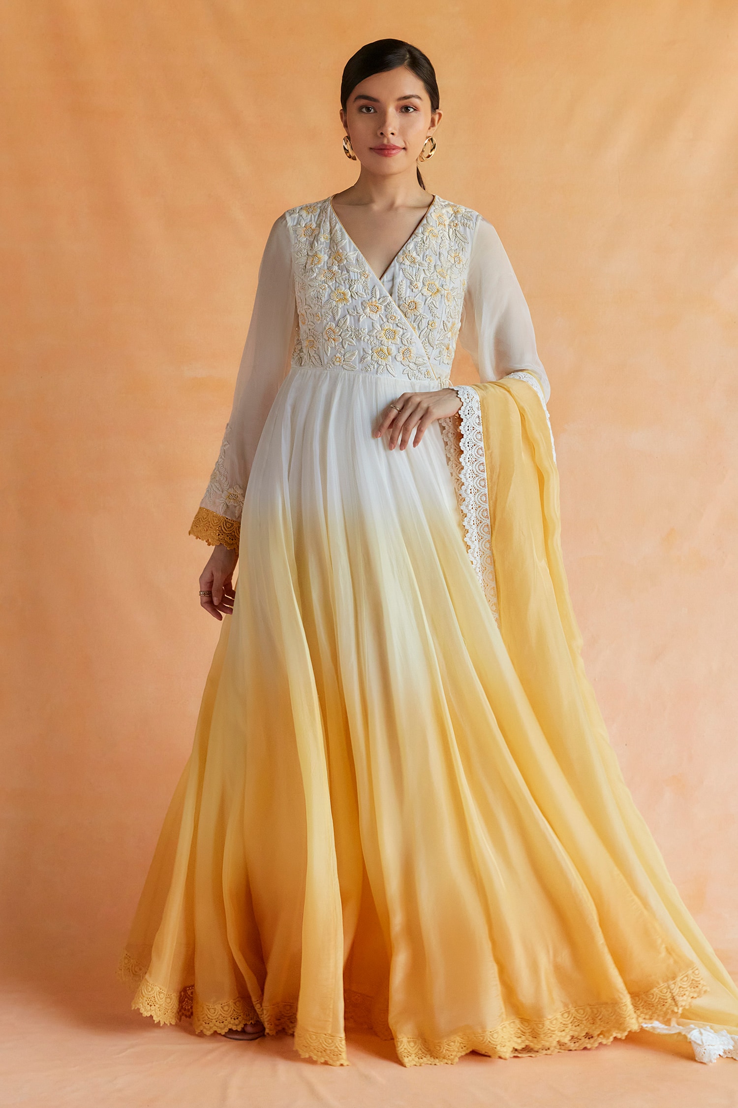 Buy Yellow Silk Mul Embroidery Thread Floral Ombre Angarkha Anarkali ...