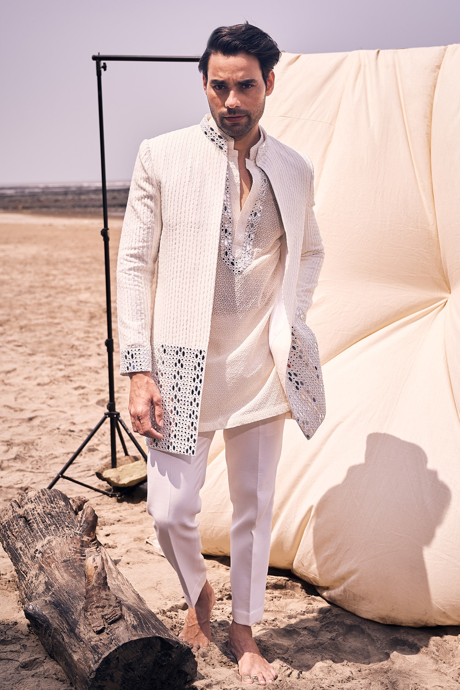 Buy White Chanderi Silk Embroidery Mirror Border Sherwani Set For Men ...